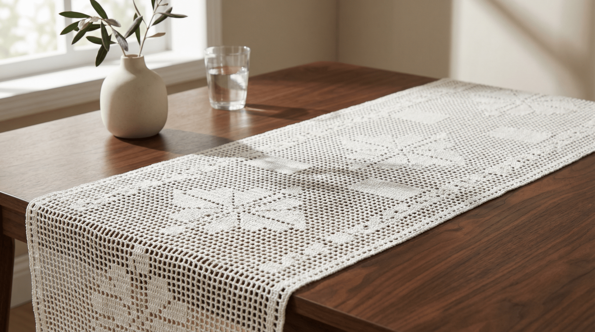 Caminhos de mesa em crochê filé: a elegância técnica da geometria nos fios